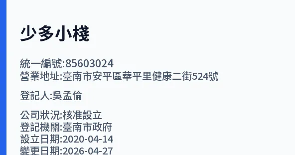 少多小棧的照片-統編 85603024(臺南市) 公司登記資料與營業項目詳細圖表