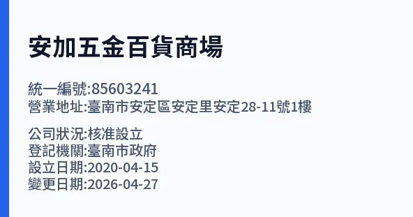 安加五金百貨商場的照片-統編 85603241(臺南市) 公司登記資料與營業項目詳細圖表