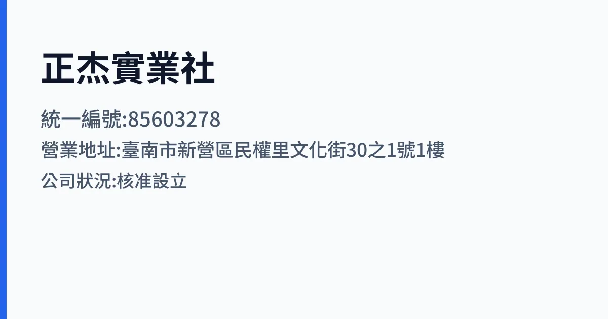 正杰實業社 - 統編 85603278(臺南市) 公司登記資料與營業項目詳細圖表