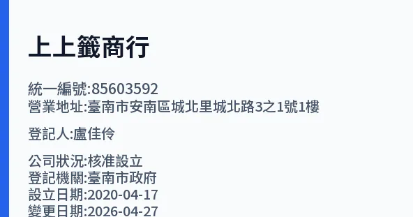 上上籤商行的照片-統編 85603592(臺南市) 公司登記資料與營業項目詳細圖表