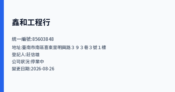 鑫和工程行的照片-統編 85603848(臺南市) 公司登記資料與營業項目詳細圖表