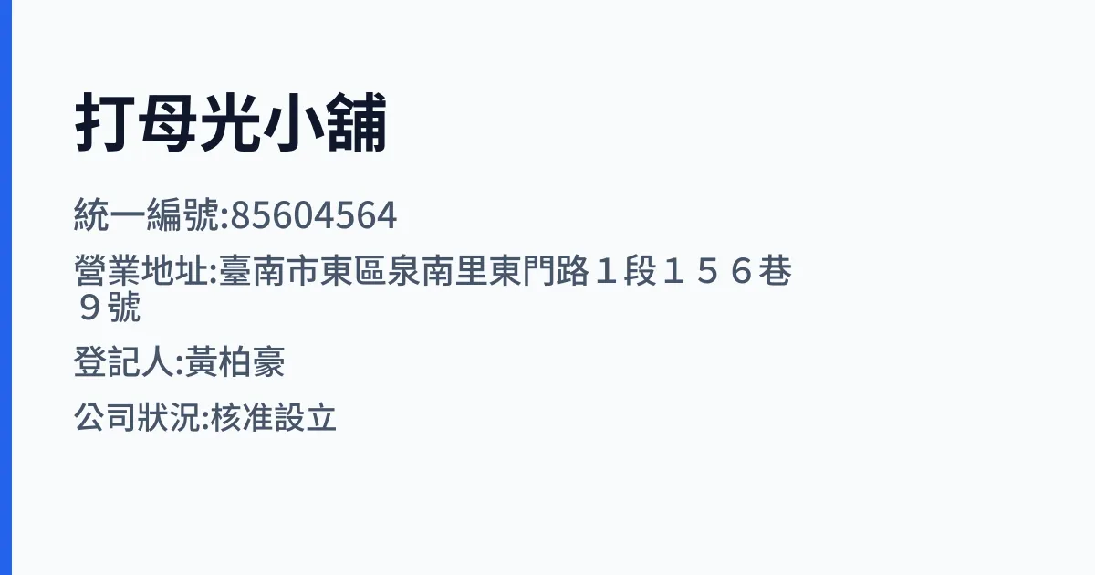 打母光小舖 - 統編 85604564(臺南市) 公司登記資料與營業項目詳細圖表