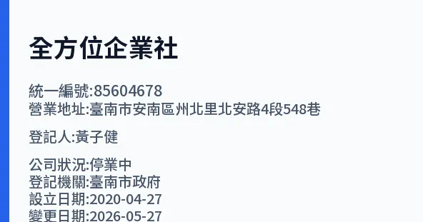 全方位企業社的照片-統編 85604678(臺南市) 公司登記資料與營業項目詳細圖表