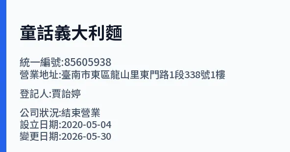 童話義大利麵的照片-統編 85605938(臺南市) 公司登記資料與營業項目詳細圖表