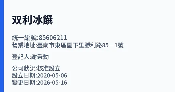 双利冰饌的照片-統編 85606211(臺南市) 公司登記資料與營業項目詳細圖表