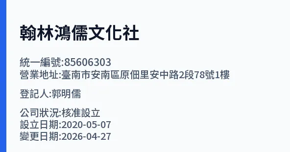 翰林鴻儒文化社的照片-統編 85606303(臺南市) 公司登記資料與營業項目詳細圖表