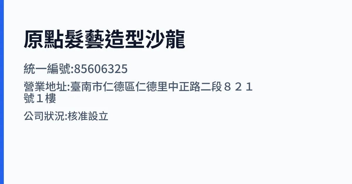原點髮藝造型沙龍 - 統編 85606325(臺南市) 公司登記資料與營業項目詳細圖表