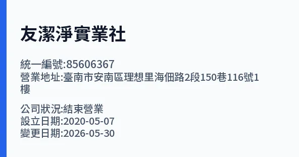 友潔淨實業社的照片-統編 85606367(臺南市) 公司登記資料與營業項目詳細圖表