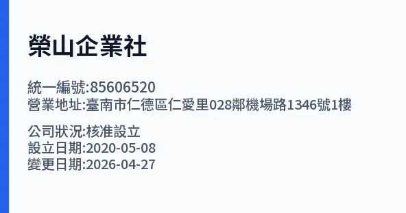 榮山企業社的照片-統編 85606520(臺南市) 公司登記資料與營業項目詳細圖表