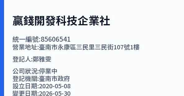 贏錢開發科技企業社的照片-統編 85606541(臺南市) 公司登記資料與營業項目詳細圖表