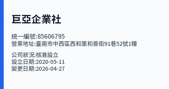 巨亞企業社的照片-統編 85606795(臺南市) 公司登記資料與營業項目詳細圖表
