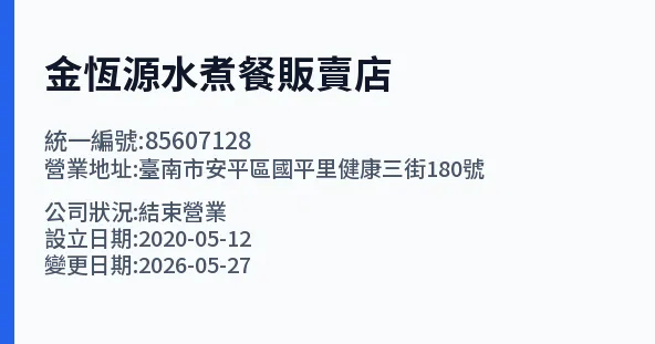 金恆源水煮餐販賣店的照片-統編 85607128(臺南市) 公司登記資料與營業項目詳細圖表