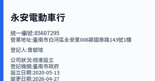 永安電動車行的照片-統編 85607295(臺南市) 公司登記資料與營業項目詳細圖表