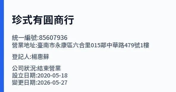 珍式有圓商行的照片-統編 85607936(臺南市) 公司登記資料與營業項目詳細圖表