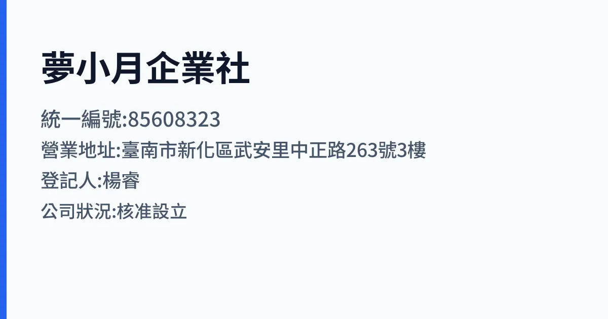夢小月企業社 - 統編 85608323(臺南市) 公司登記資料與營業項目詳細圖表