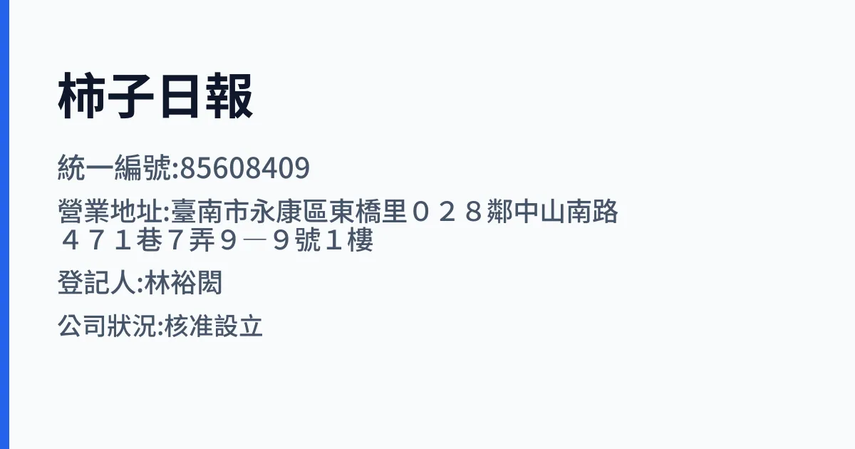 柿子日報 - 統編 85608409(臺南市) 公司登記資料與營業項目詳細圖表