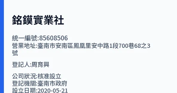 銘鏌實業社的照片-統編 85608506(臺南市) 公司登記資料與營業項目詳細圖表