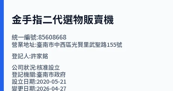 金手指二代選物販賣機的照片-統編 85608668(臺南市) 公司登記資料與營業項目詳細圖表