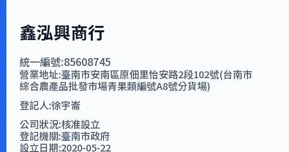 鑫泓興商行的照片-統編 85608745(臺南市) 公司登記資料與營業項目詳細圖表