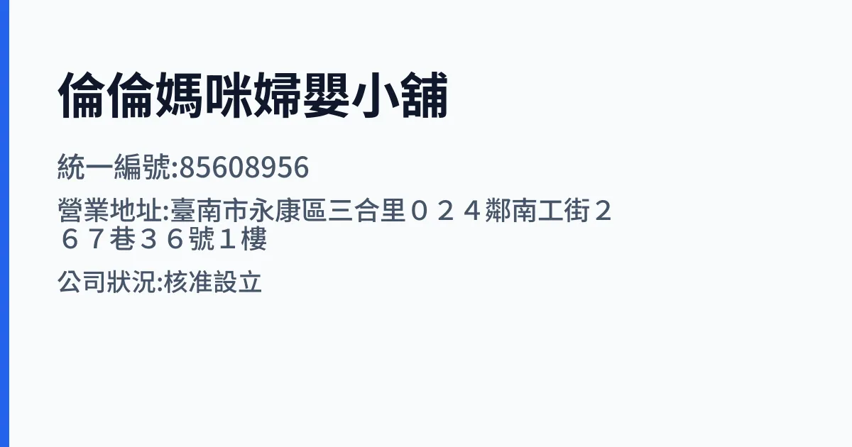 倫倫媽咪婦嬰小舖 - 統編 85608956(臺南市) 公司登記資料與營業項目詳細圖表