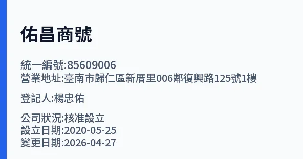 佑昌商號的照片-統編 85609006(臺南市) 公司登記資料與營業項目詳細圖表
