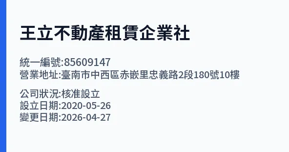 王立不動產租賃企業社的照片-統編 85609147(臺南市) 公司登記資料與營業項目詳細圖表
