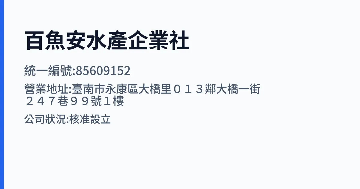 百魚安水產企業社 - 統編 85609152(臺南市) 公司登記資料與營業項目詳細圖表
