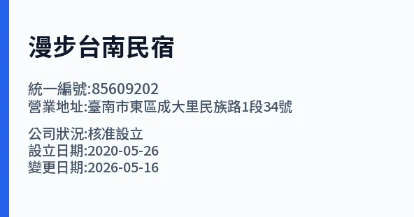 漫步台南民宿的照片-統編 85609202(臺南市) 公司登記資料與營業項目詳細圖表