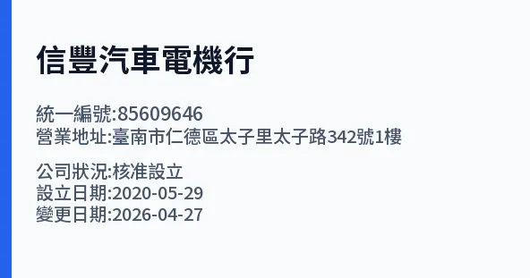 信豐汽車電機行的照片-統編 85609646(臺南市) 公司登記資料與營業項目詳細圖表