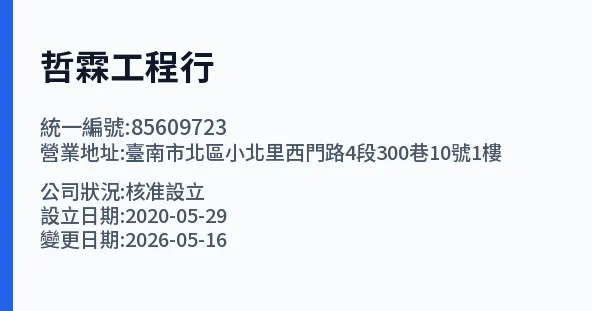 哲霖工程行的照片-統編 85609723(臺南市) 公司登記資料與營業項目詳細圖表