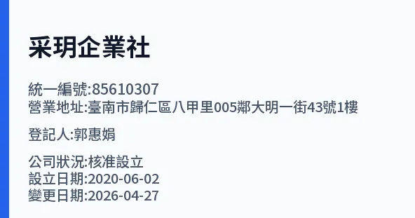采玥企業社的照片-統編 85610307(臺南市) 公司登記資料與營業項目詳細圖表