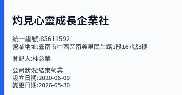 灼見心靈成長企業社的照片-統編 85611592(臺南市) 公司登記資料與營業項目詳細圖表