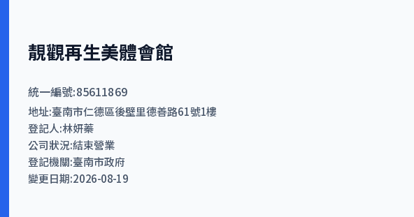 靚觀再生美體會館的照片-統編 85611869(臺南市) 公司登記資料與營業項目詳細圖表