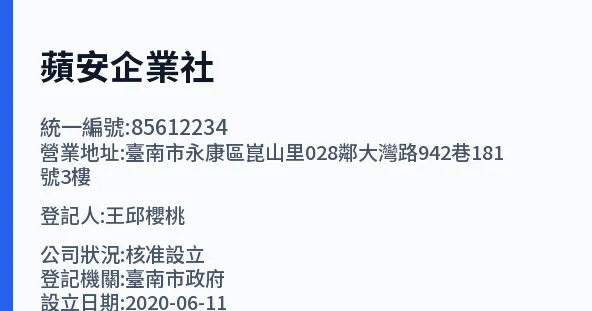 蘋安企業社的照片-統編 85612234(臺南市) 公司登記資料與營業項目詳細圖表