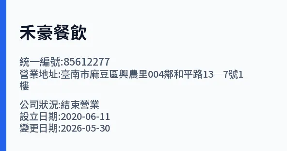 禾豪餐飲的照片-統編 85612277(臺南市) 公司登記資料與營業項目詳細圖表