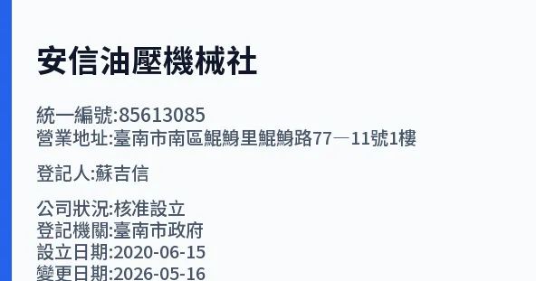 安信油壓機械社的照片-統編 85613085(臺南市) 公司登記資料與營業項目詳細圖表