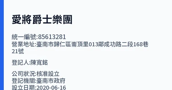 愛將爵士樂團的照片-統編 85613281(臺南市) 公司登記資料與營業項目詳細圖表