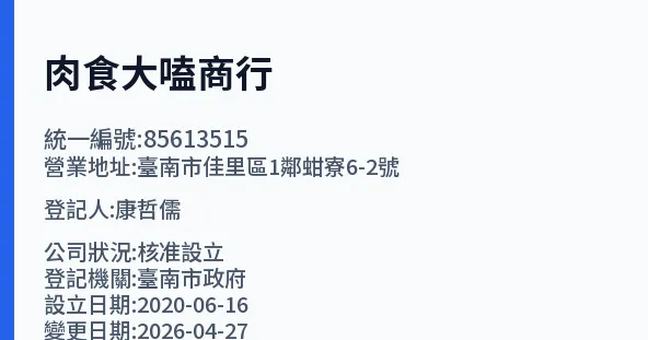 肉食大嗑商行的照片-統編 85613515(臺南市) 公司登記資料與營業項目詳細圖表