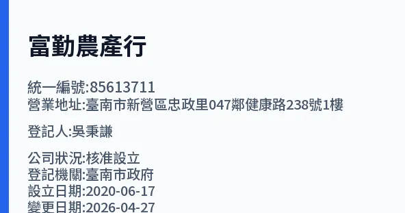 富勤農產行的照片-統編 85613711(臺南市) 公司登記資料與營業項目詳細圖表