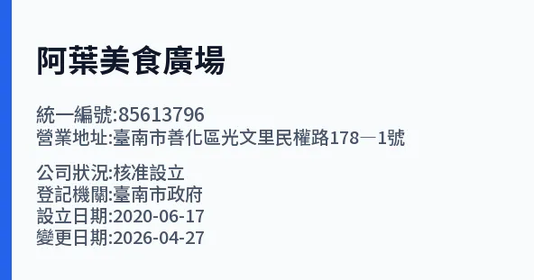 阿葉美食廣場的照片-統編 85613796(臺南市) 公司登記資料與營業項目詳細圖表