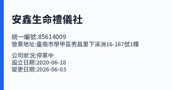 安鑫生命禮儀社的照片-統編 85614009(臺南市) 公司登記資料與營業項目詳細圖表