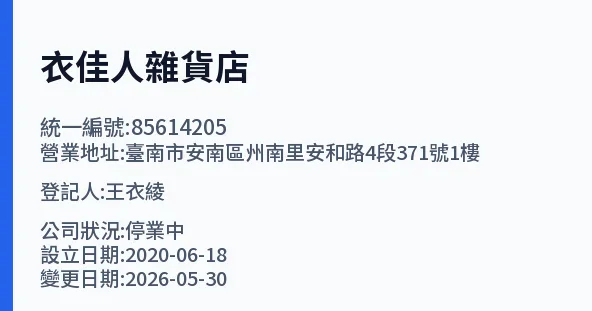 衣佳人雜貨店的照片-統編 85614205(臺南市) 公司登記資料與營業項目詳細圖表