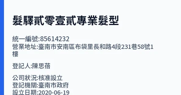 髮驛貳零壹貳專業髮型的照片-統編 85614232(臺南市) 公司登記資料與營業項目詳細圖表