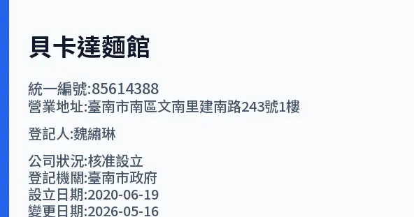 貝卡達麵館的照片-統編 85614388(臺南市) 公司登記資料與營業項目詳細圖表
