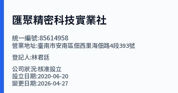 匯聚精密科技實業社的照片-統編 85614958(臺南市) 公司登記資料與營業項目詳細圖表