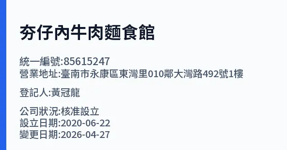 夯仔內牛肉麵食館的照片-統編 85615247(臺南市) 公司登記資料與營業項目詳細圖表