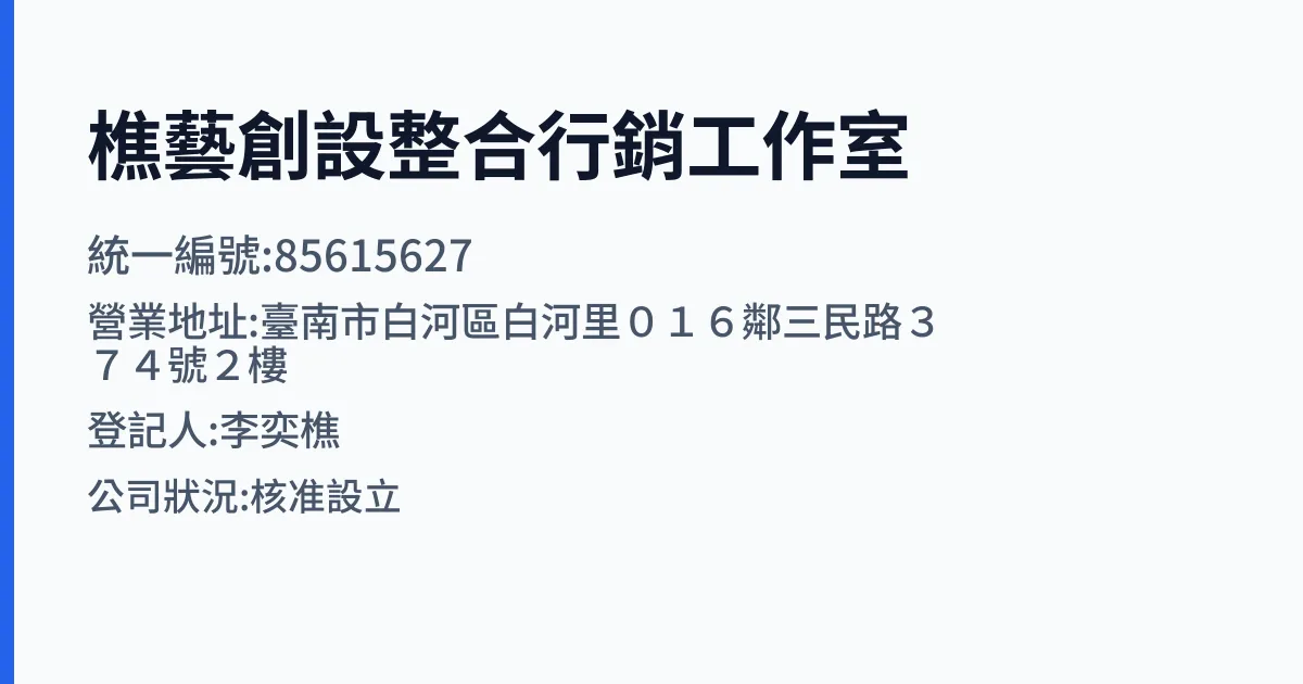 樵藝創設整合行銷工作室 - 統編 85615627(臺南市) 公司登記資料與營業項目詳細圖表
