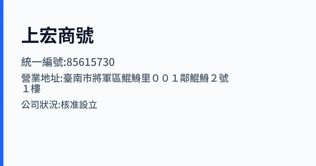 上宏商號 - 統編 85615730(臺南市) 公司登記資料與營業項目詳細圖表