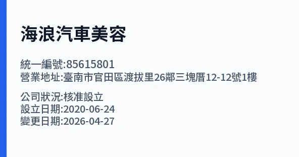 海浪汽車美容的照片-統編 85615801(臺南市) 公司登記資料與營業項目詳細圖表