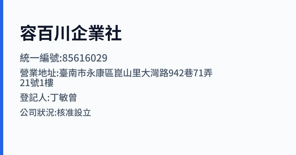 容百川企業社 - 統編 85616029(臺南市) 公司登記資料與營業項目詳細圖表